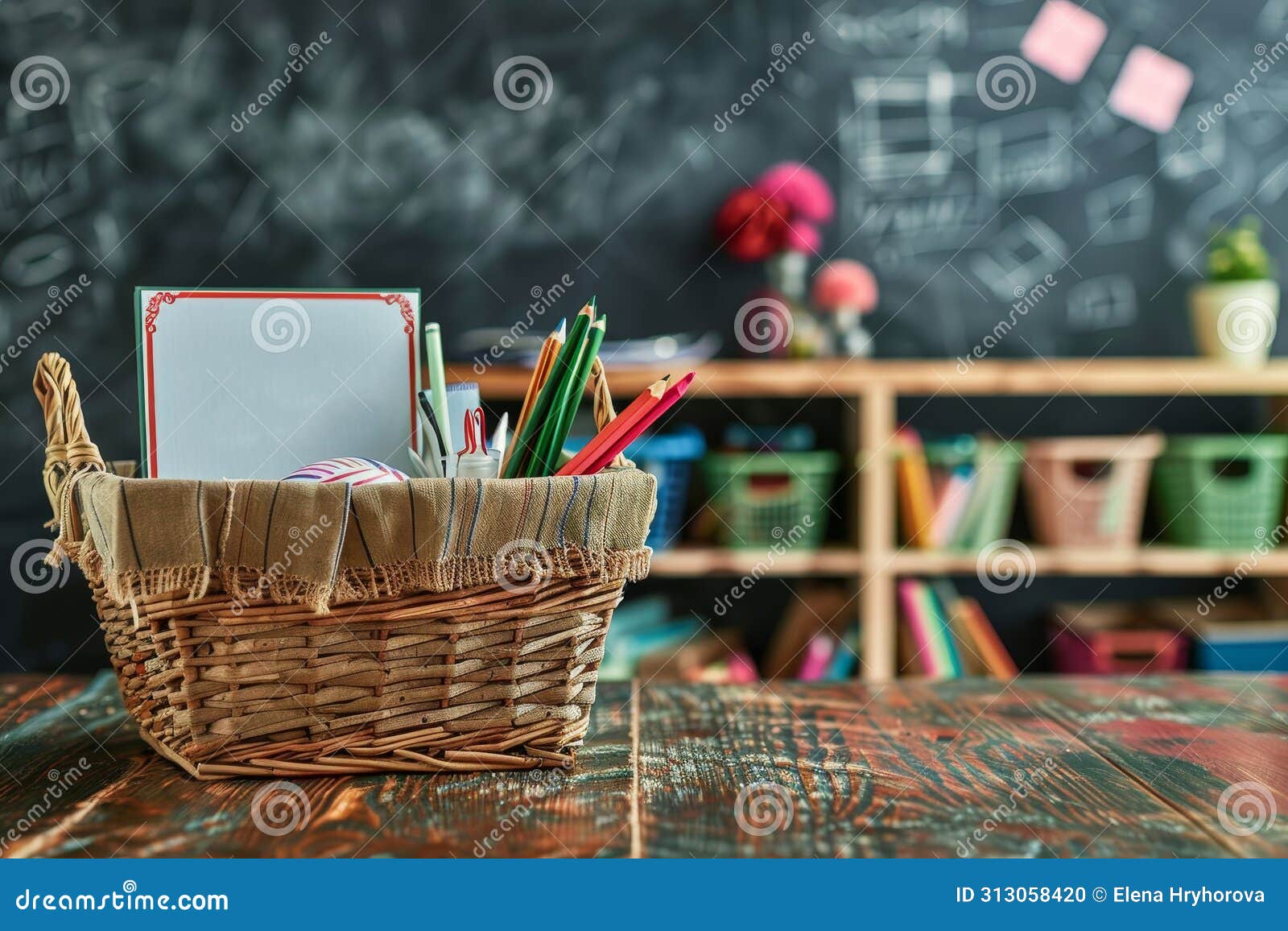 Wicker Basket with School Supplies on a Desk, Classroom Setting ...