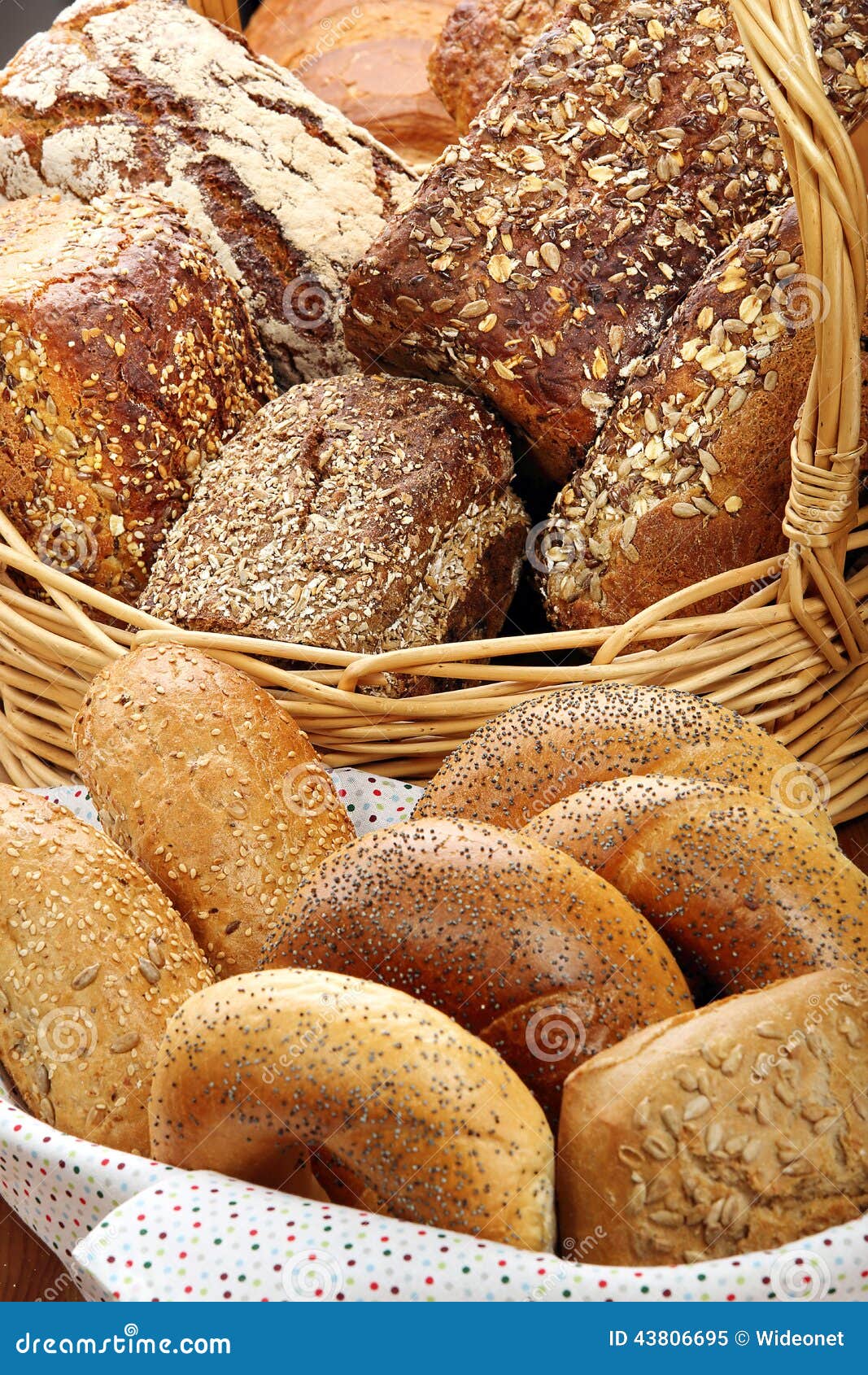 Wicker Basket with Wholegrain Bread and Rolls Stock Image - Image of ...