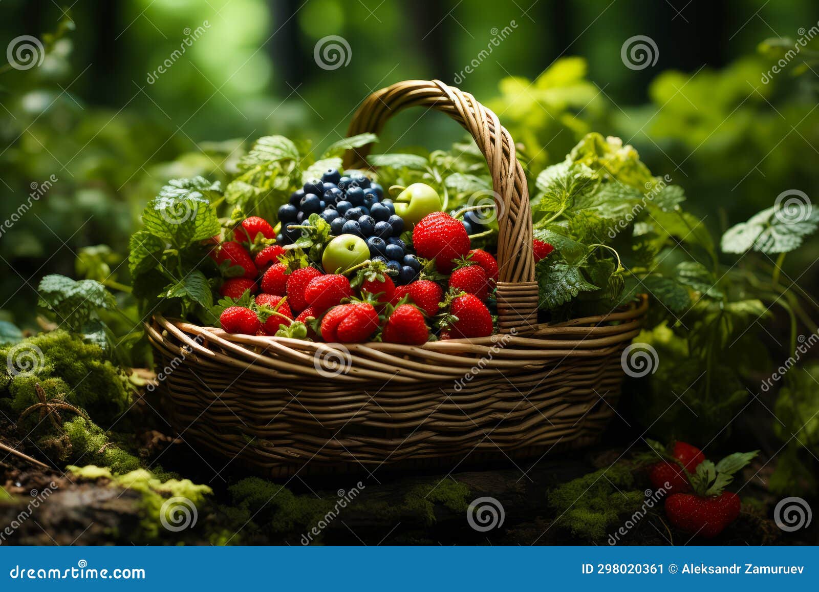 Wicker Basket with with Wild Strawberries and Grapes Outdoors, Forest ...