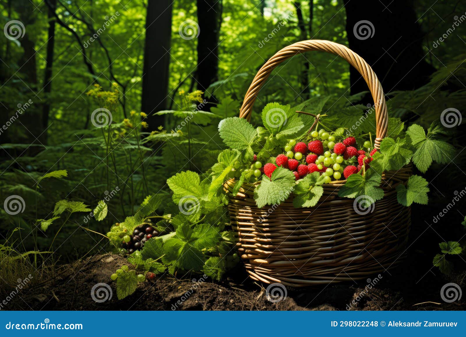 Wicker Basket with with Wild Strawberries and Grapes Outdoors, Forest ...