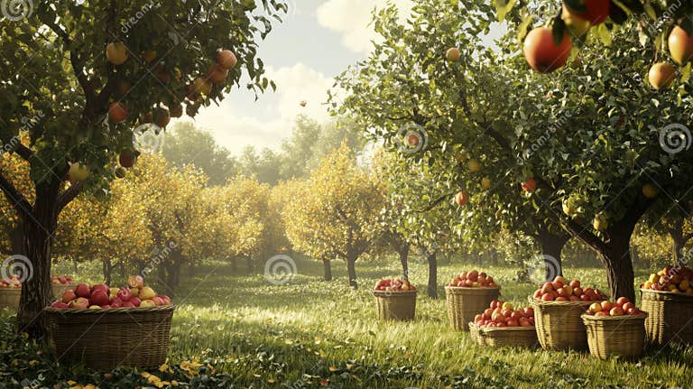 Wicker Baskets Filled with Red Apples Under Apple Trees Stock ...