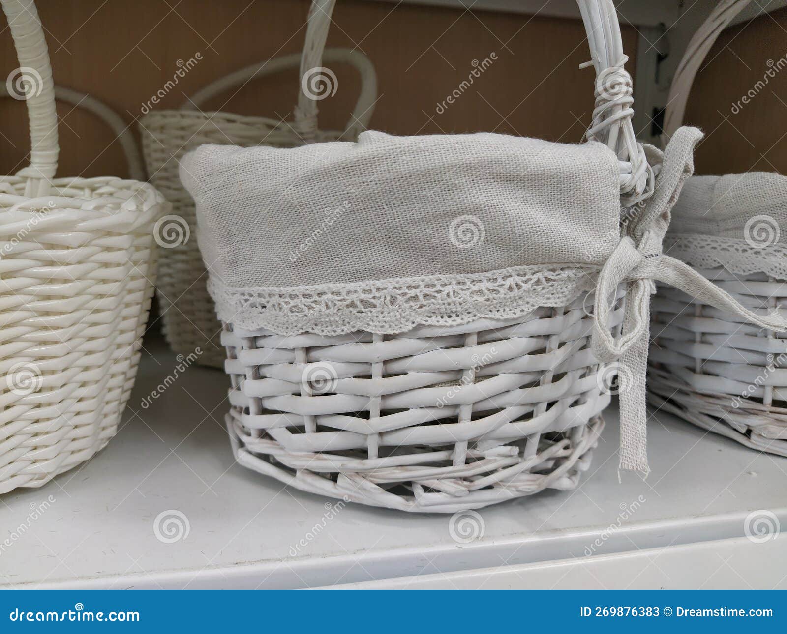 Wicker Decorative Baskets on a Shelf in a Store. Pretty Baskets Painted ...