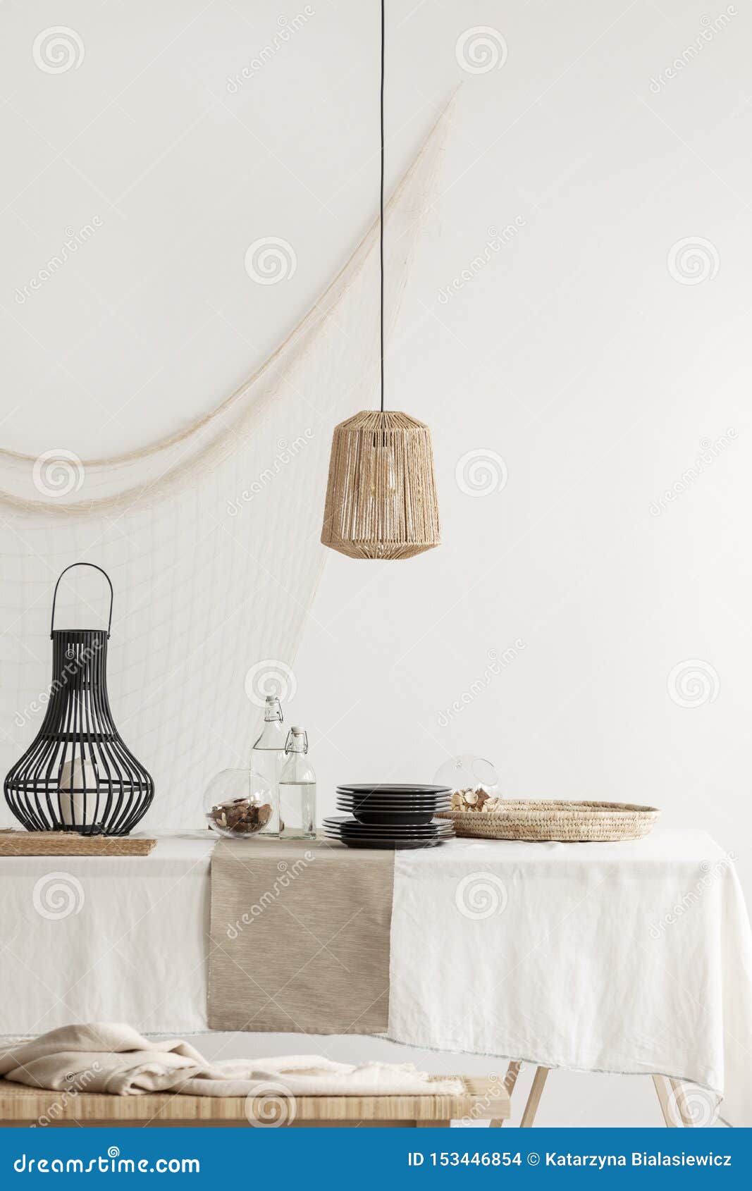 Wicker Lamp in the Center of Dining Room Stock Photo - Image of white ...