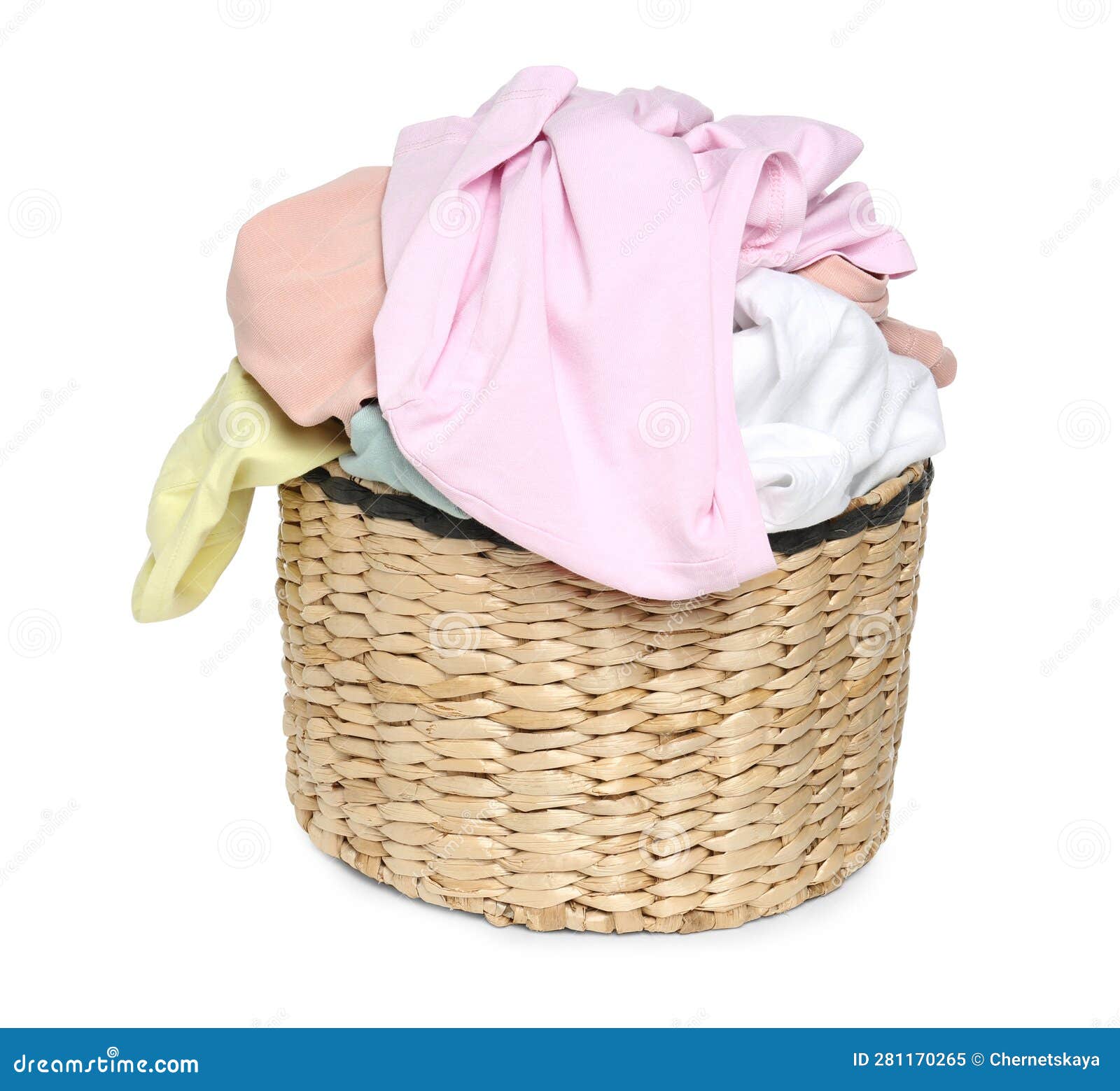 Wicker Laundry Basket with Clean Colorful Clothes on White Stock Image ...