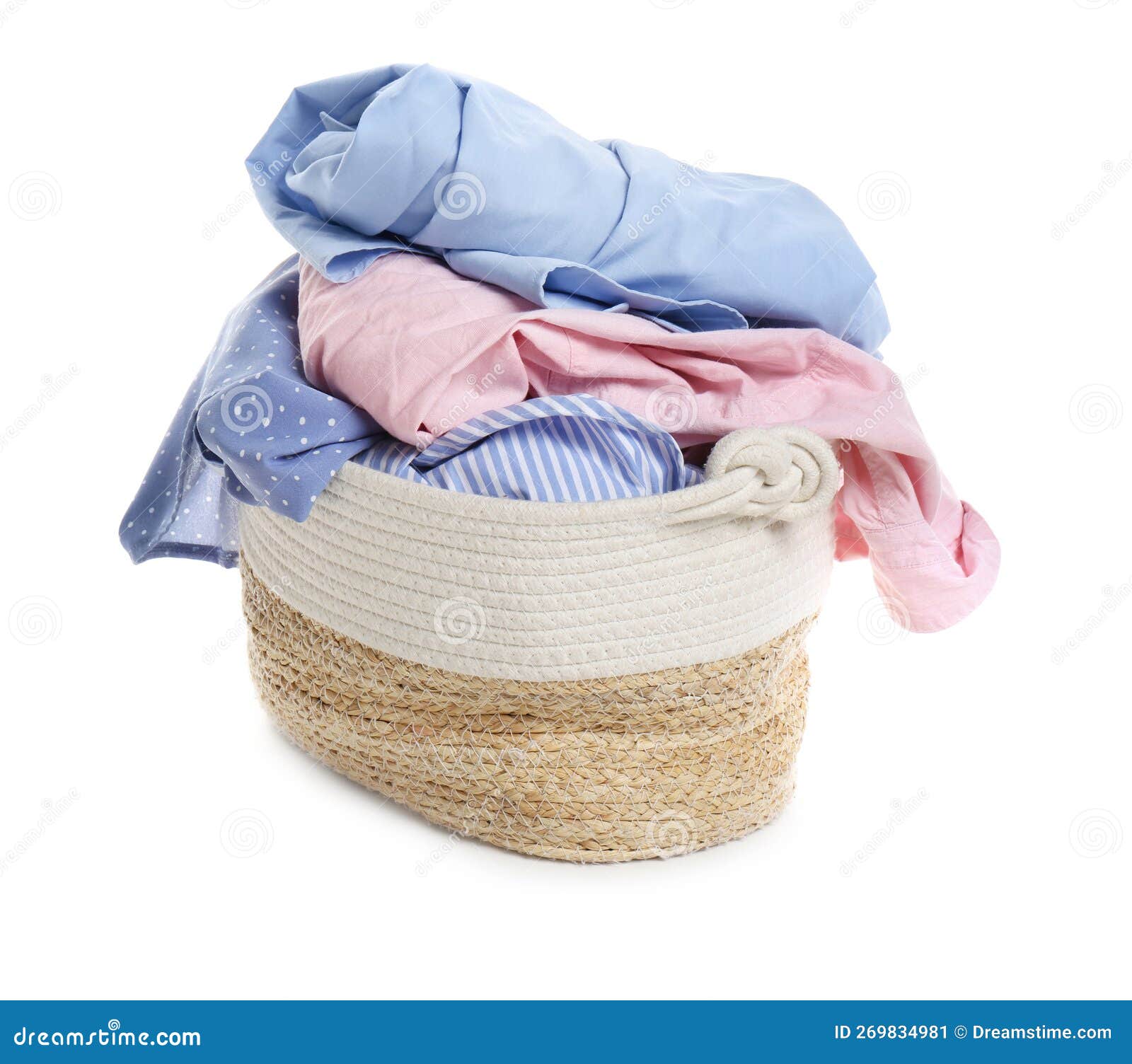 Wicker Laundry Basket Full of Clothes Isolated on White Stock Image ...