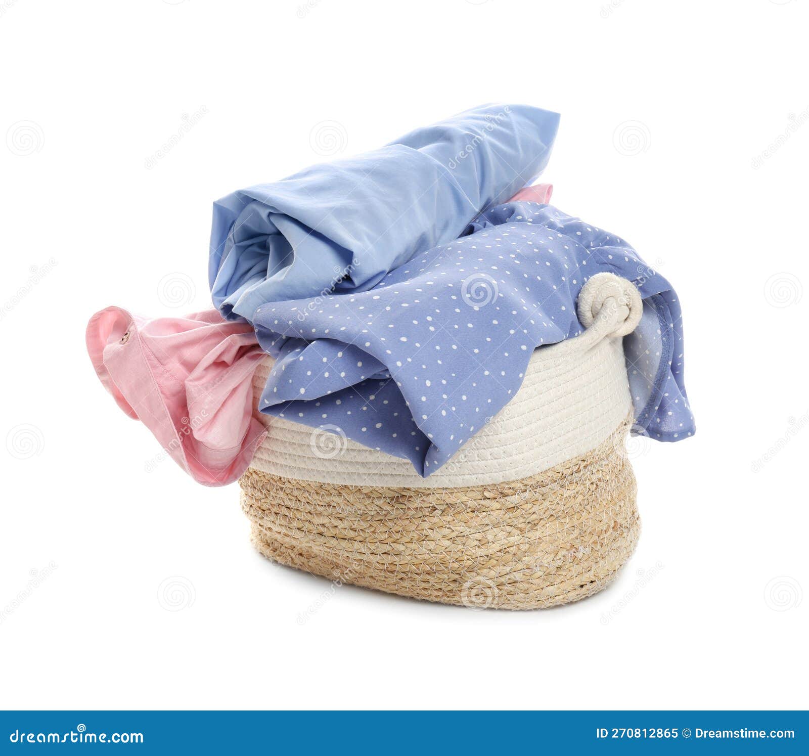 Wicker Laundry Basket Full of Clothes Isolated on White Stock Image ...