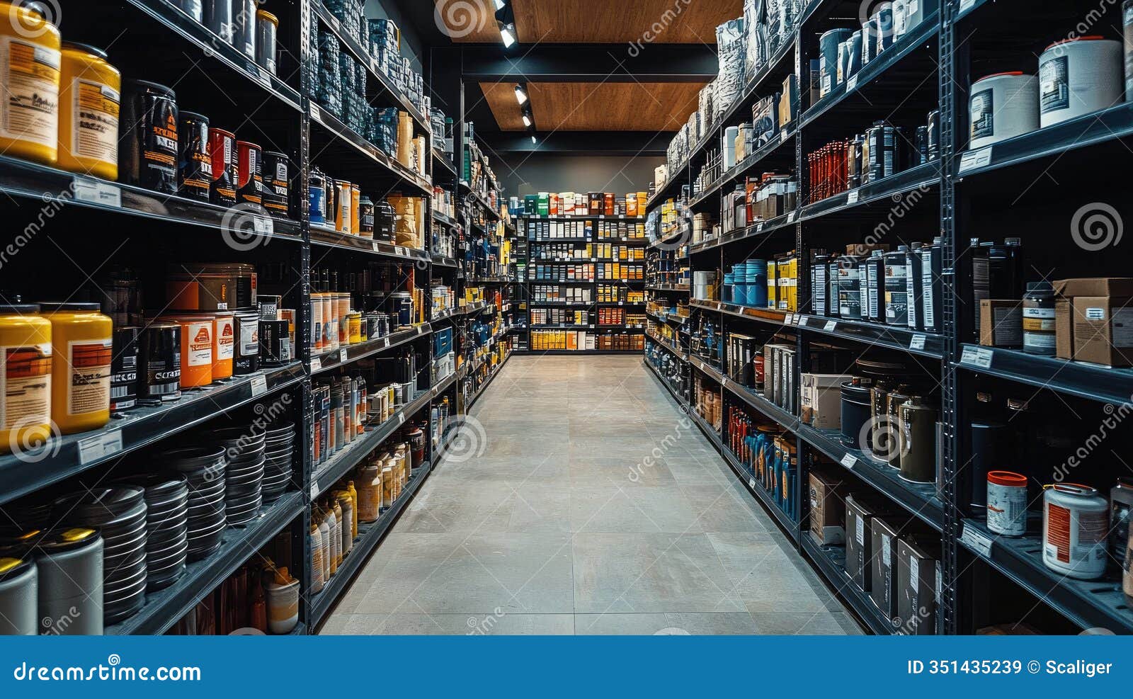 Wide Aisle in Hardware Store with Shelves Stocked with Paint Cans and ...
