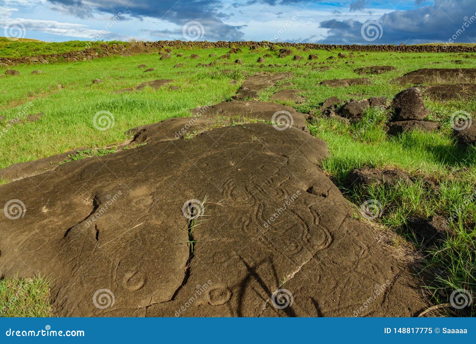 Wide Angle Bottom View of Petroglyphs in Easter Island Stock Image ...