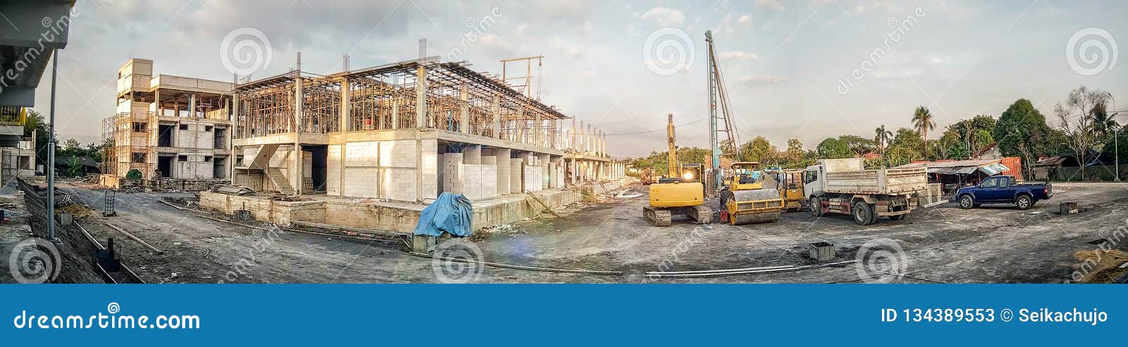 Wide Angle Building Construction Site with Industrial Machines ...