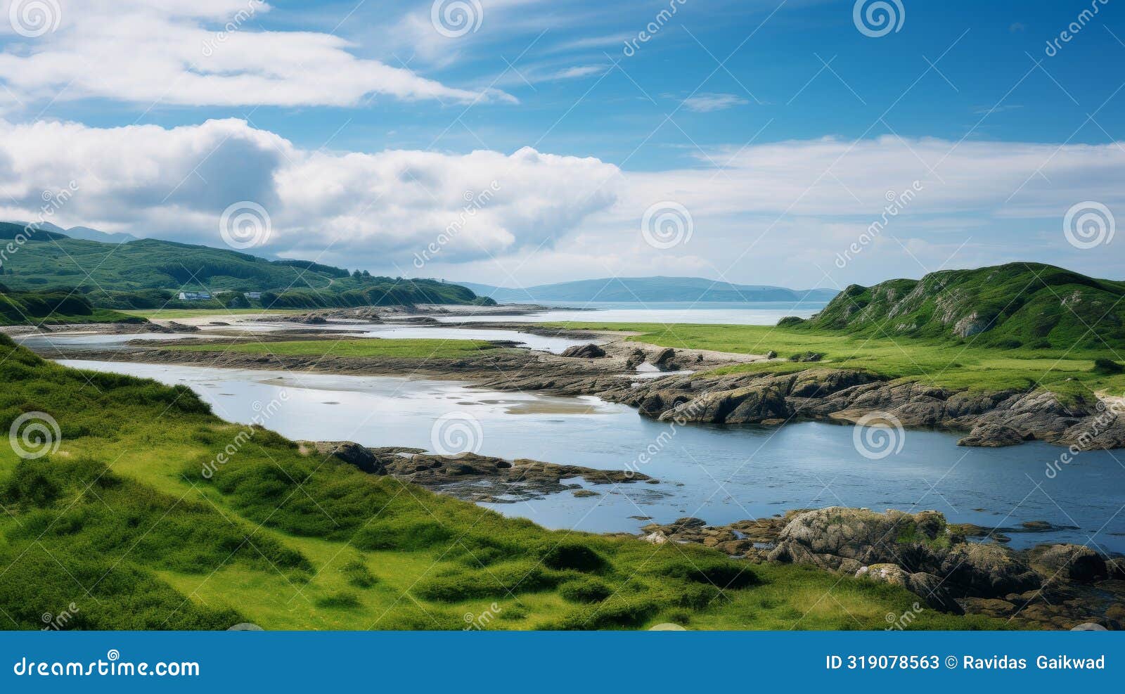 Wide-angle Coastal Estuary Scenery Stock Illustration - Illustration of ...