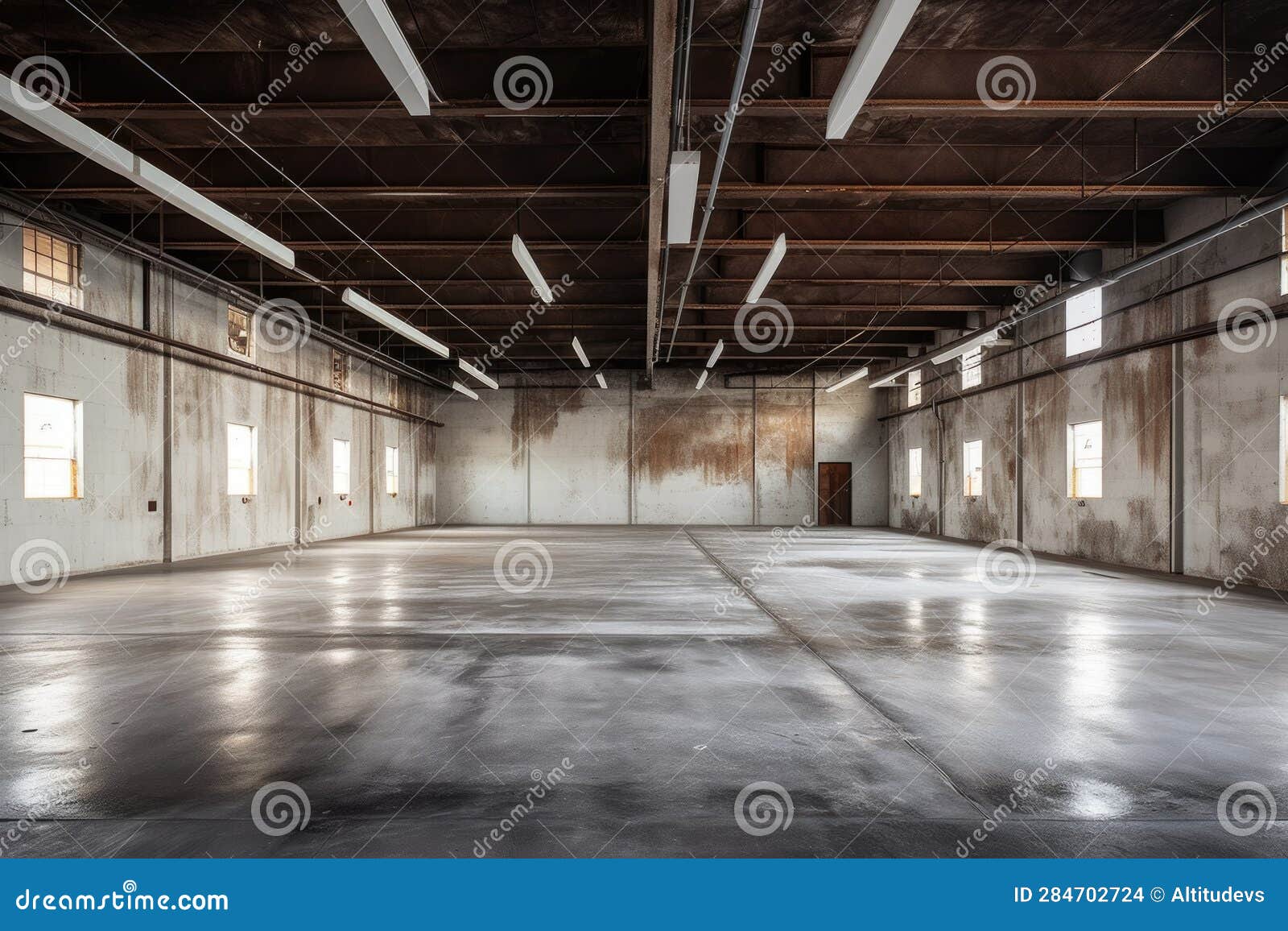 Wide Angle of Empty Warehouse Space with Concrete Floor Stock Photo ...