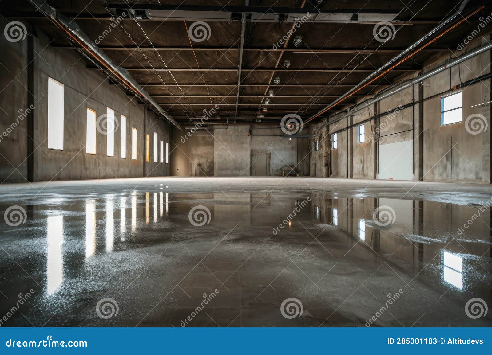 Wide Angle of Empty Warehouse Space with Concrete Floor Stock ...
