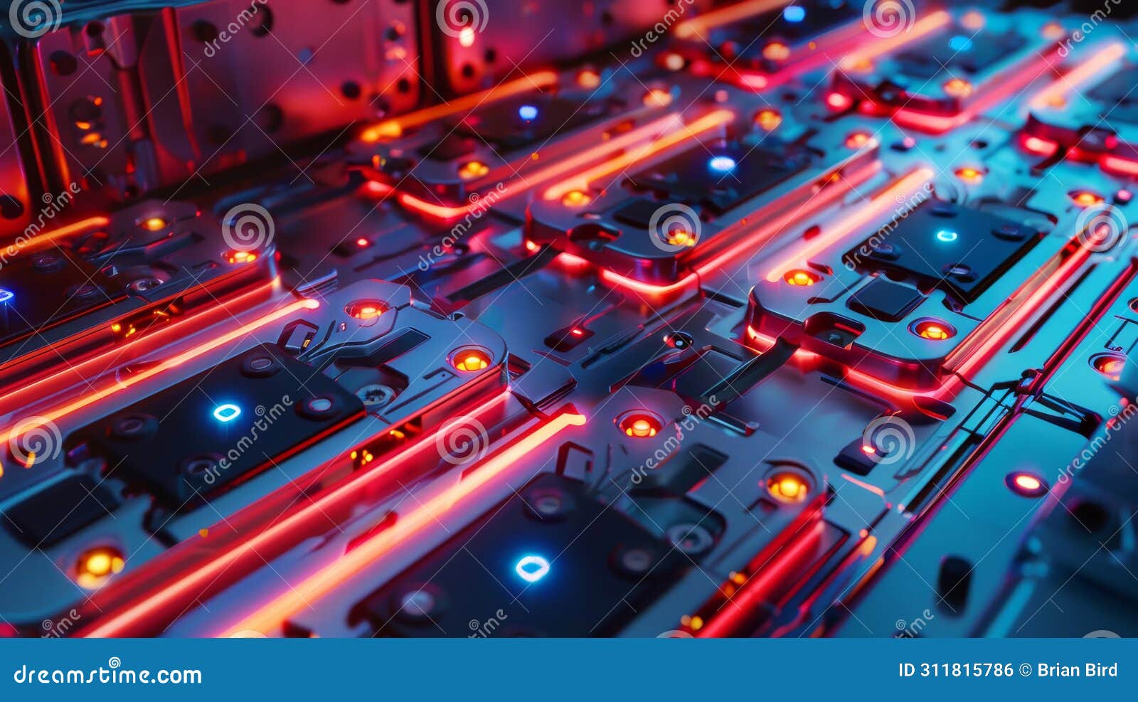 Wide Angle of an Ev Battery with Neon Lights in Detail Stock ...