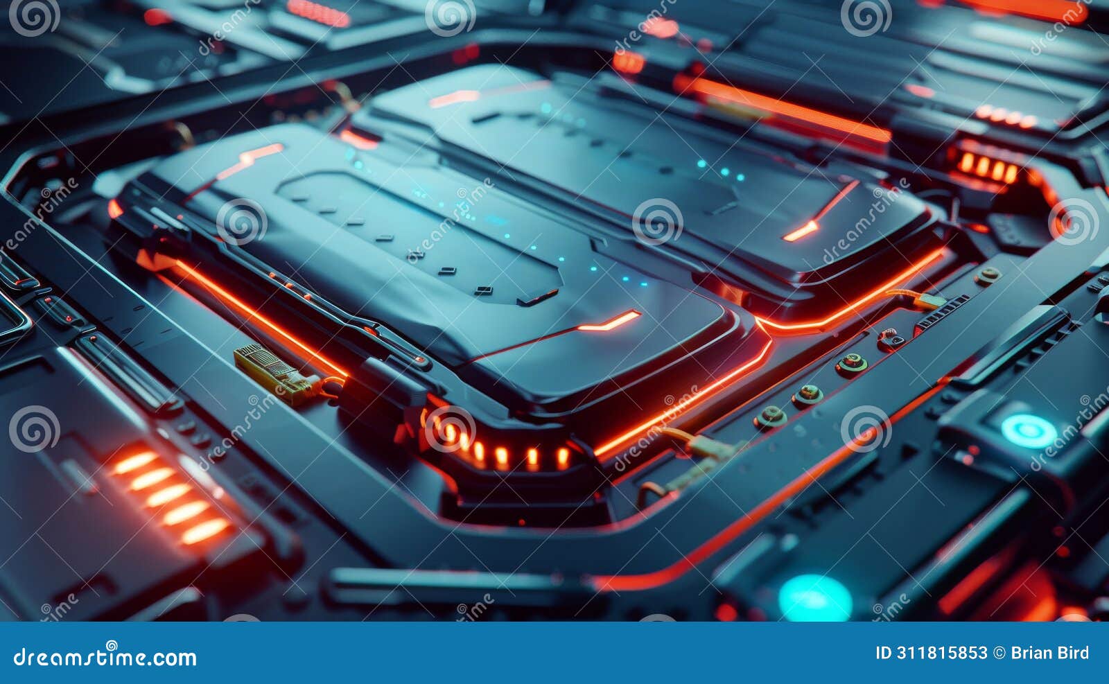 Wide Angle of an Ev Battery with Neon Lights in Detail Stock ...