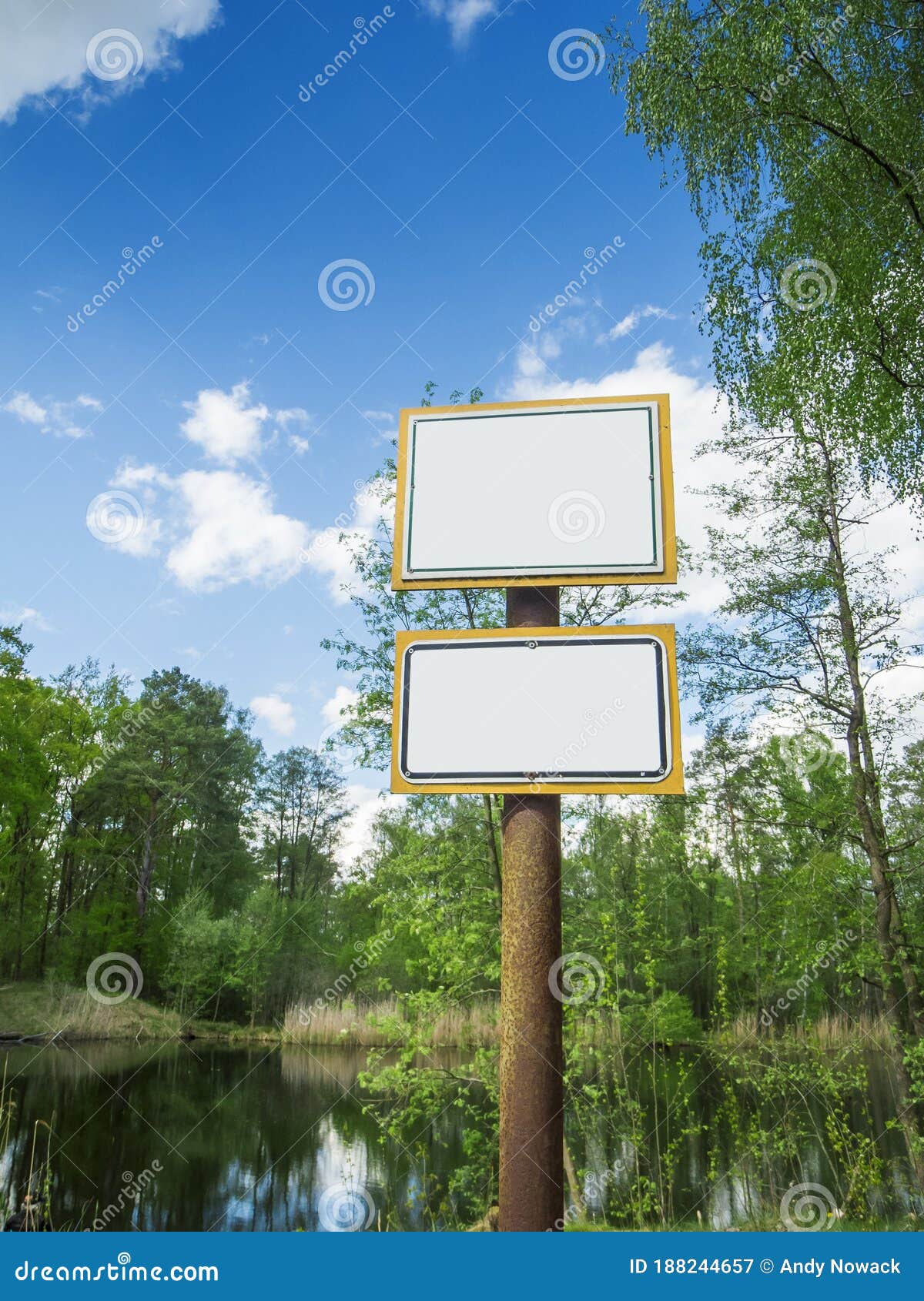 Empty Signs at the Small Pond Stock Image - Image of relaxation, metal ...