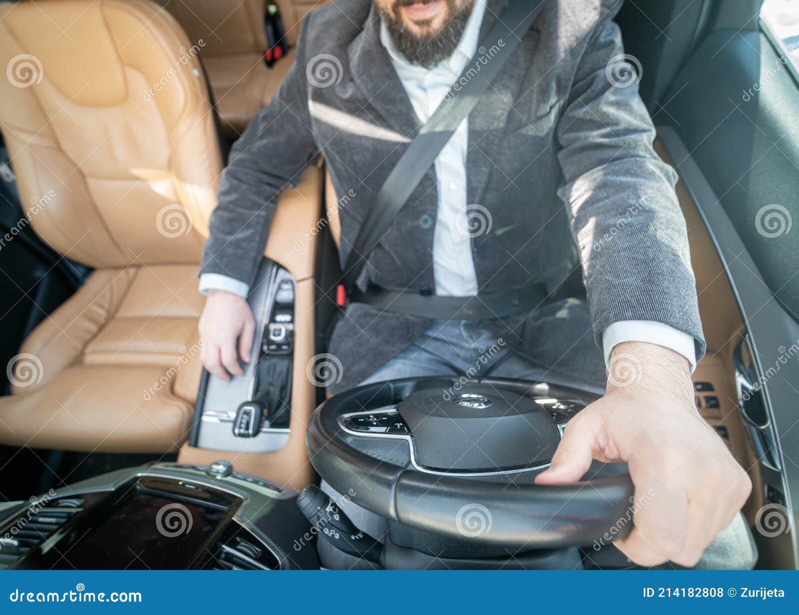Wide Angle of a Male Driver in Luxury Car Stock Photo - Image of road ...