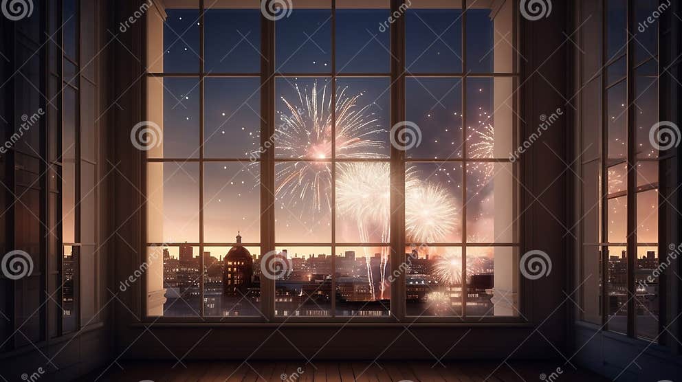 Panoramic Window with Fireworks Background. Ai Generative Stock ...