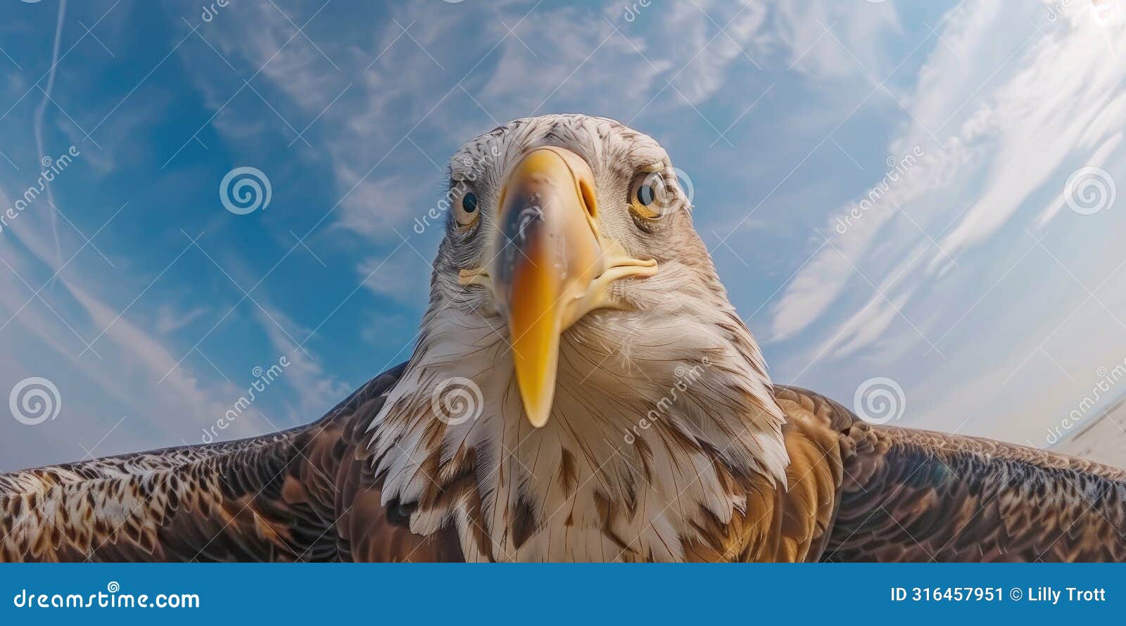 Wide Angle Photo of Flying Eagle Looking into the Camera Against a Blue ...