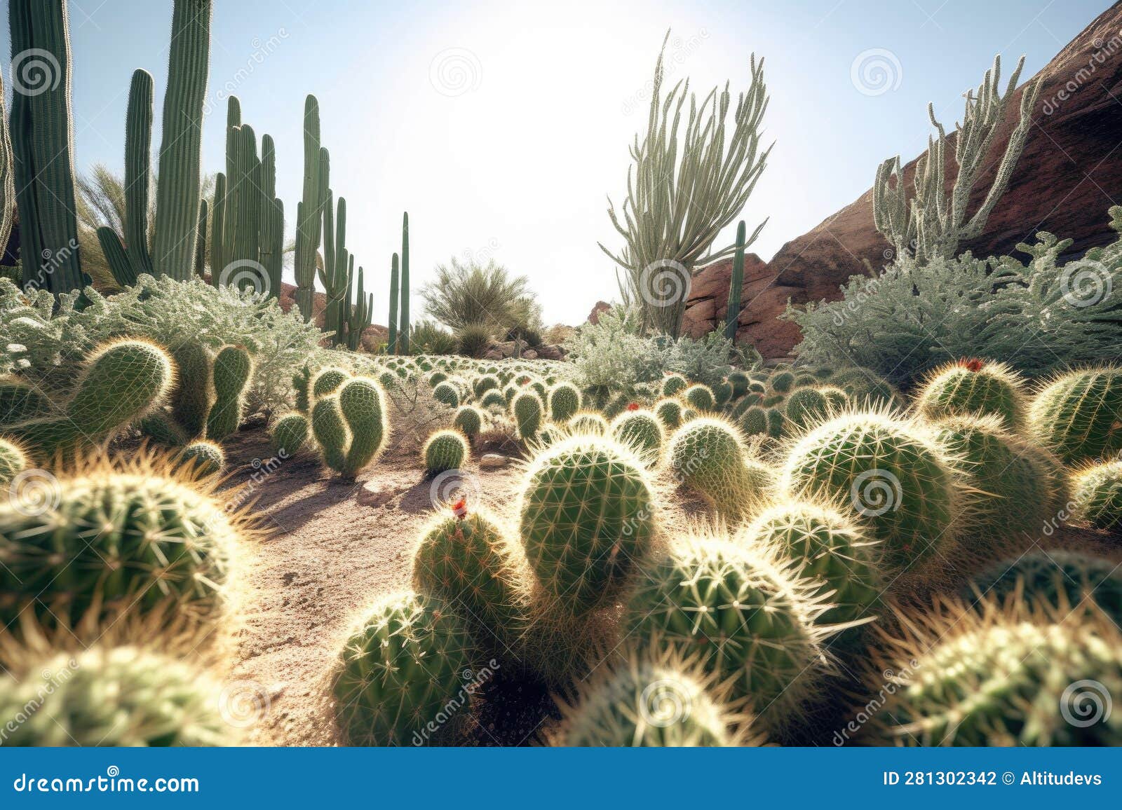 Wide-angle Shot of Cactus Clusters Creating Leading Lines Stock Photo ...