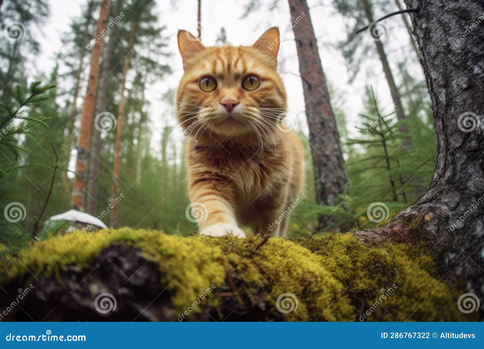 Wide-angle Shot of Cat Mid-climb in Forest Stock Photo - Image of ...