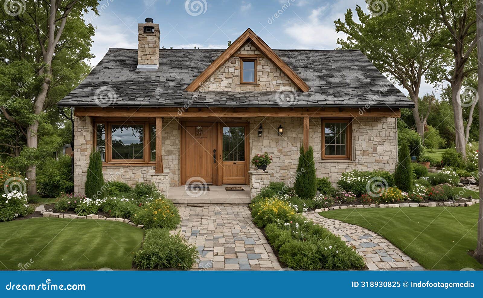 A Wide-angle Shot of the Cottage with Front Yard. Side View Stock ...