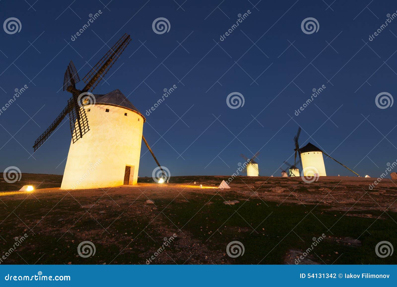 Wide Angle Shot of Group of Windmills in Night Stock Photo - Image of ...