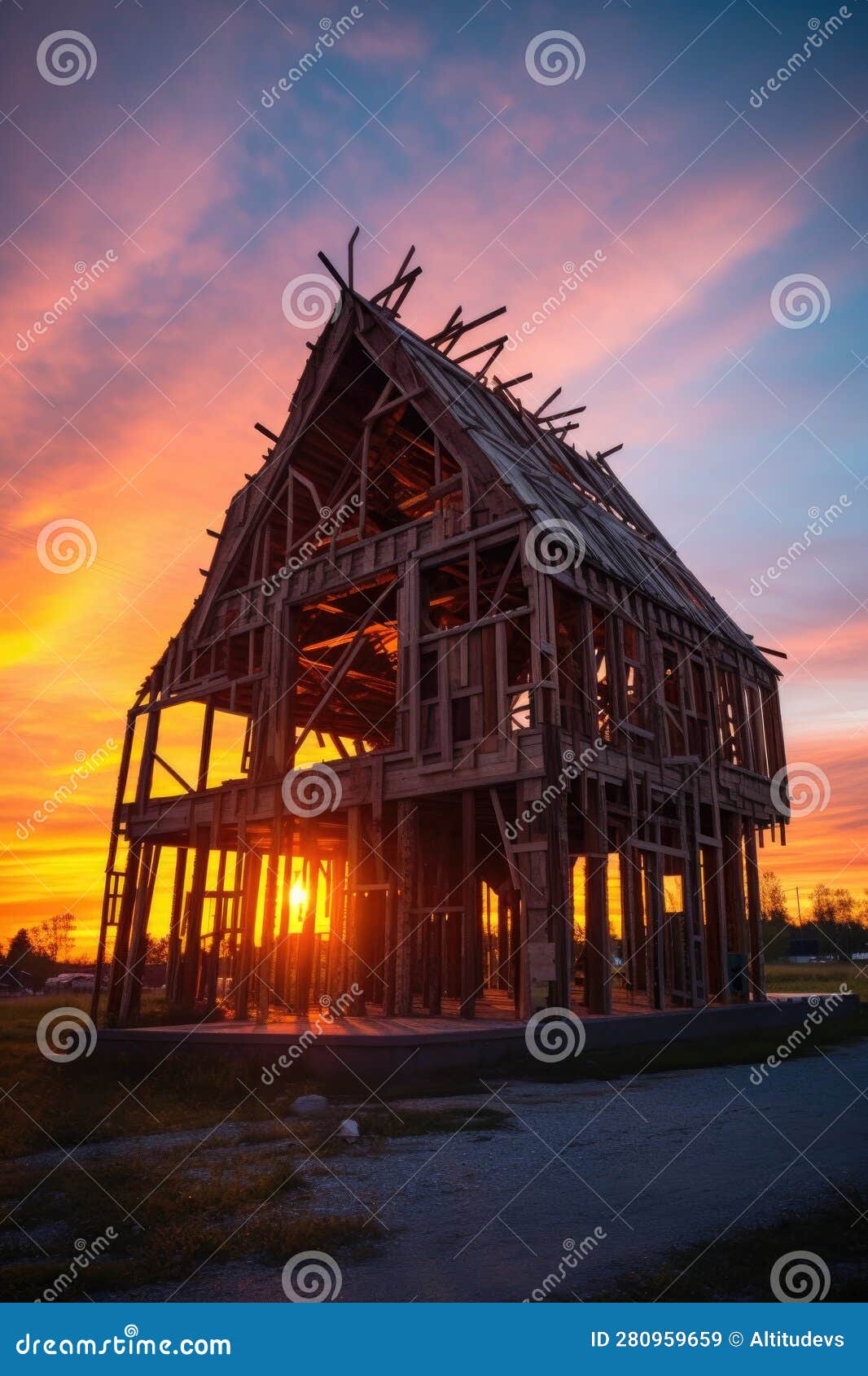 Wide-angle Shot of a Half-built Structure at Sunset Stock Illustration ...