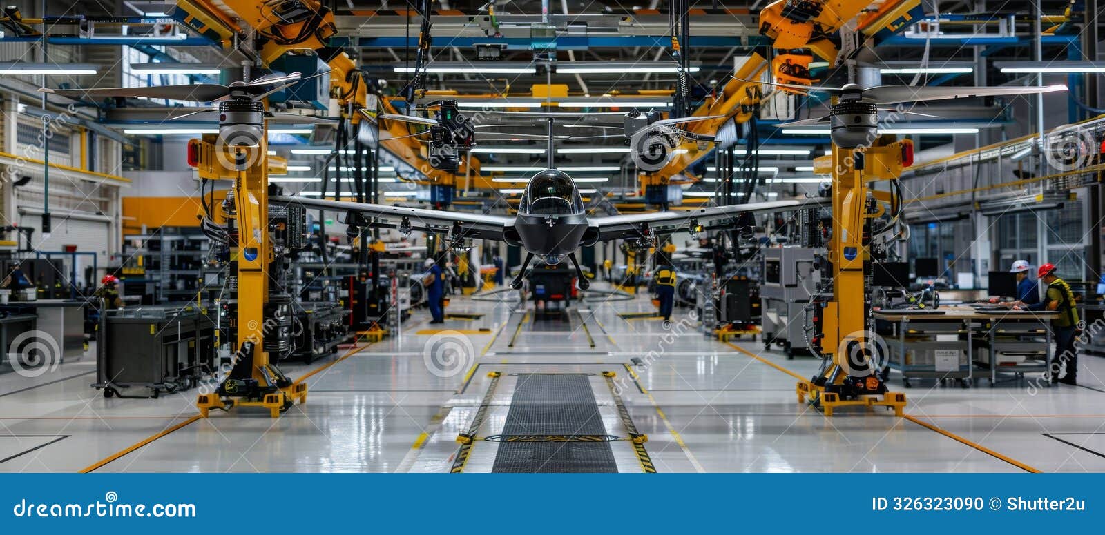 Wideangle Shot of a Hightech Drone Production Line with Drones in ...