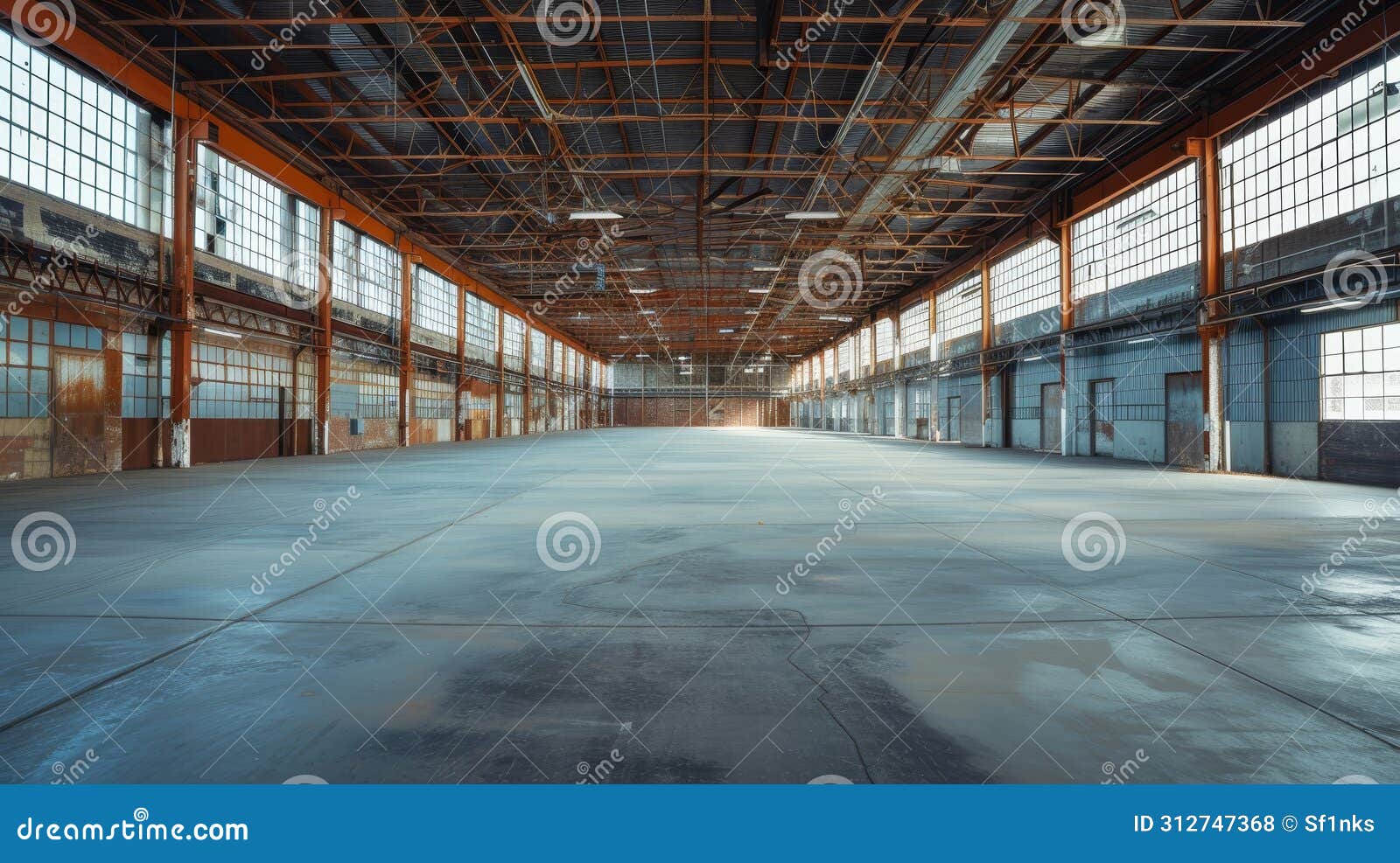 Wide-angle Shot of a Large, Empty Industrial Warehouse with Rows of ...