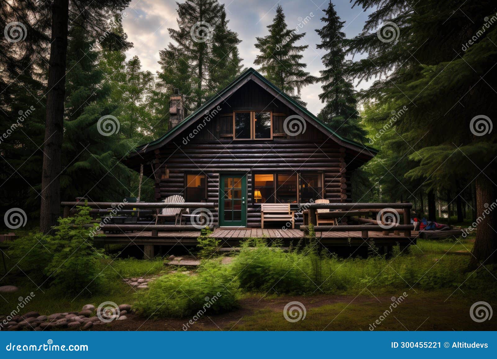 Wide Angle Shot of a Log Cabin Nestled among Towering Pine Trees Stock ...