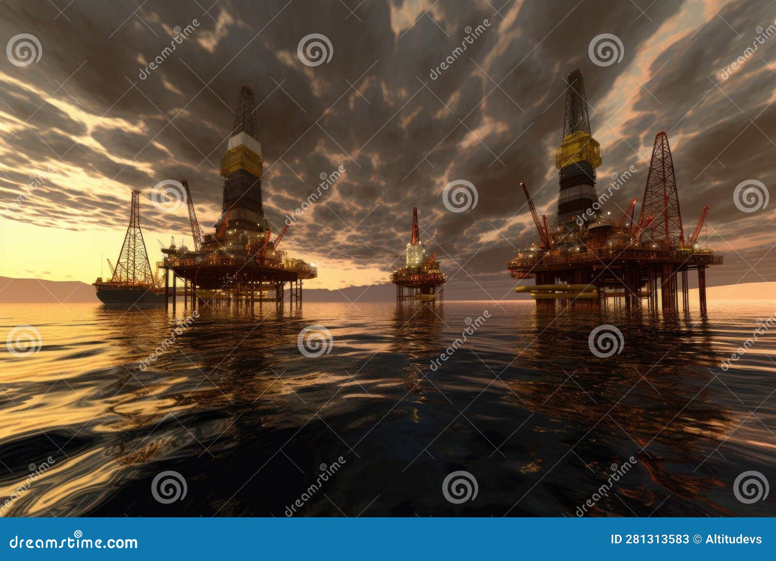 Wide-angle Shot of Multiple Oil Rigs in Distance Stock Illustration ...