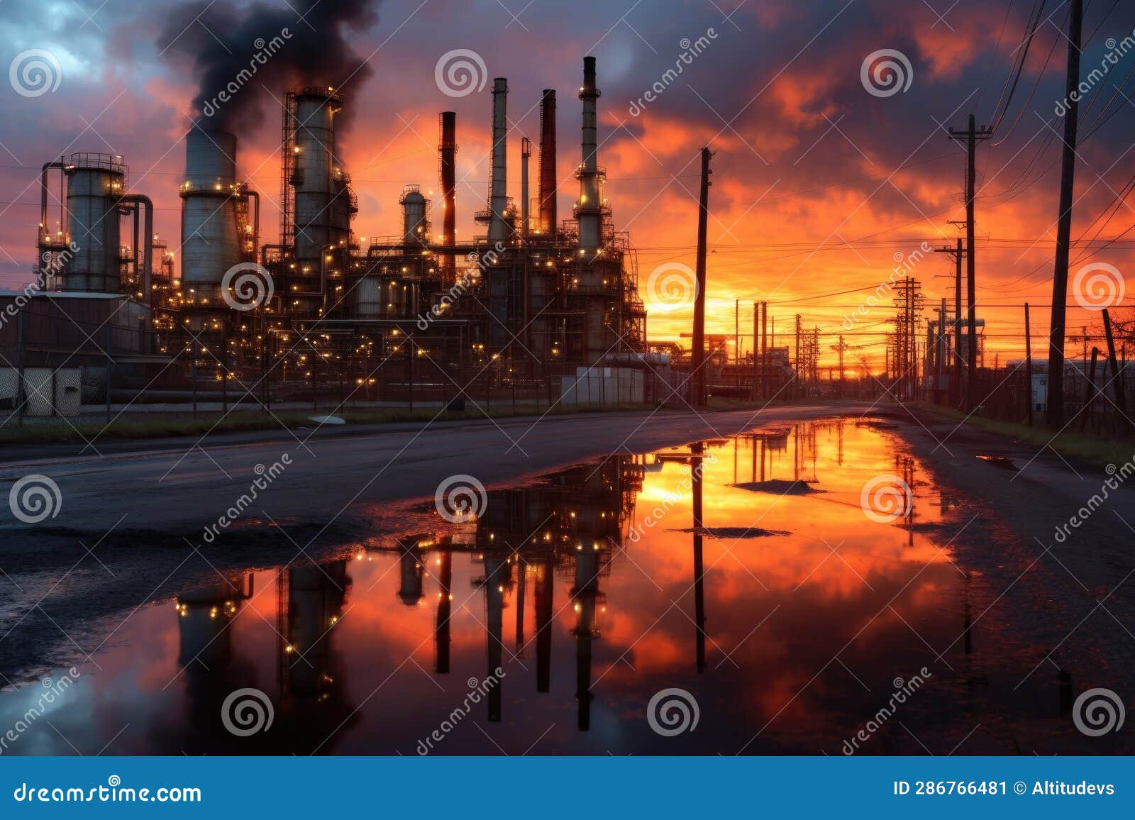 Wide-angle Shot of Oil Refinery at Sunset Stock Image - Image of ...