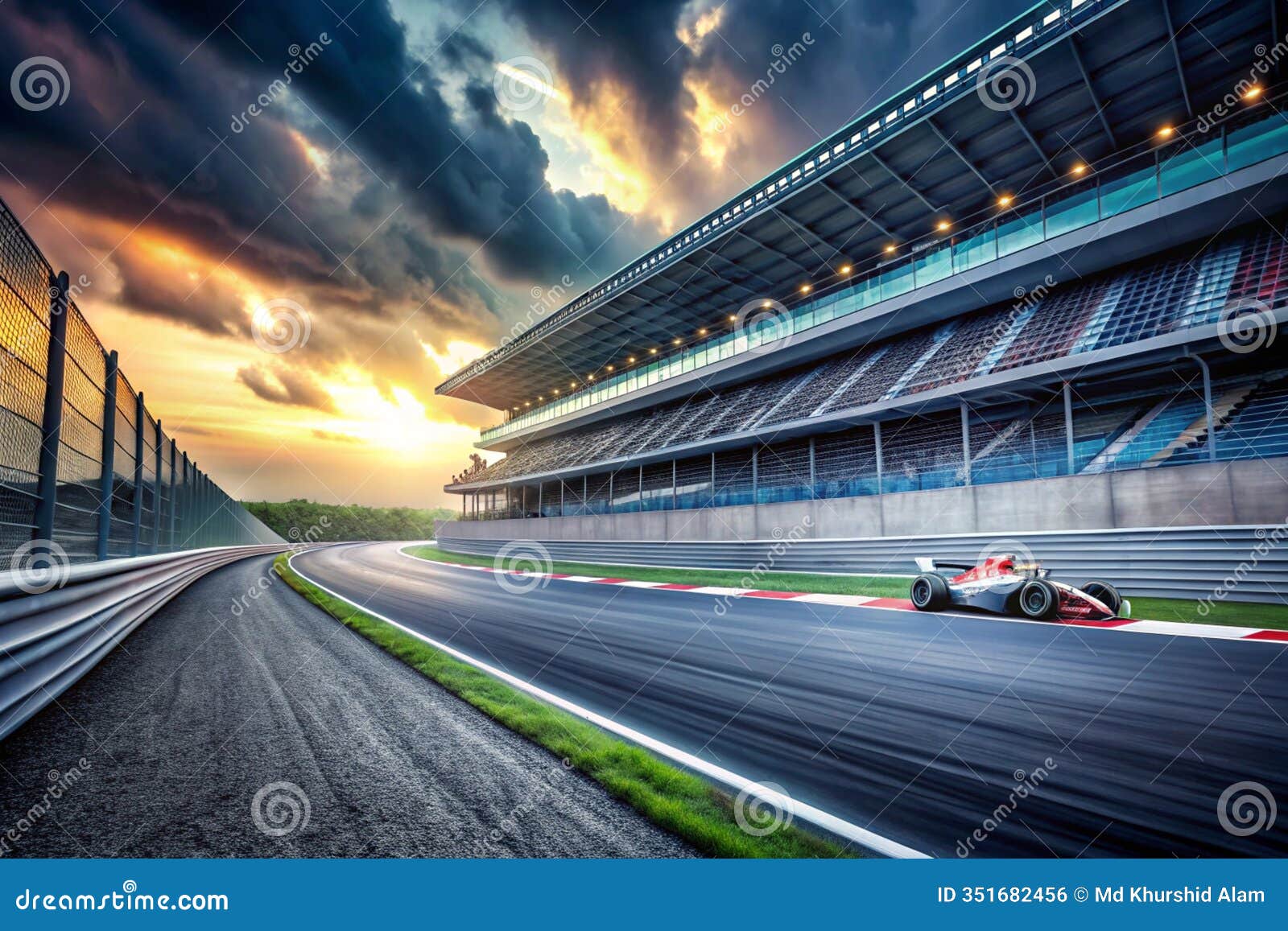 Wide Angle Shot of a Racetrack with Blurred Speed Effect and a Car ...