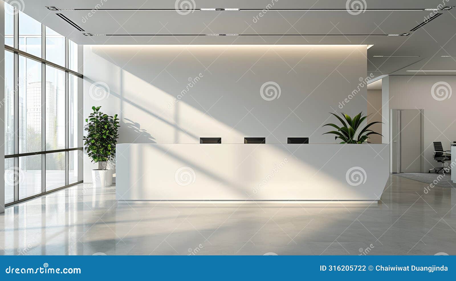 Wide Angle Shot of a Reception Desk in a Corporate Office, Empty Wall ...