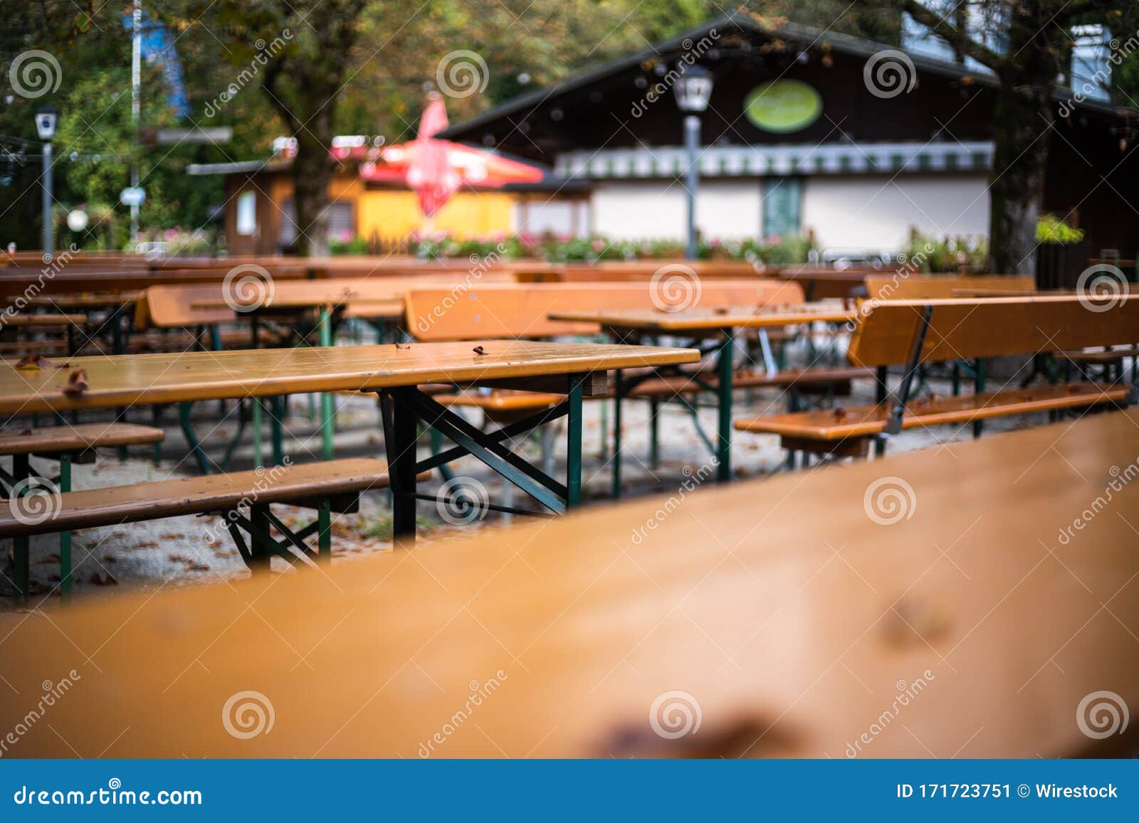 Wide Angle Shot of Several Benches and Tables in an Open Area Stock ...