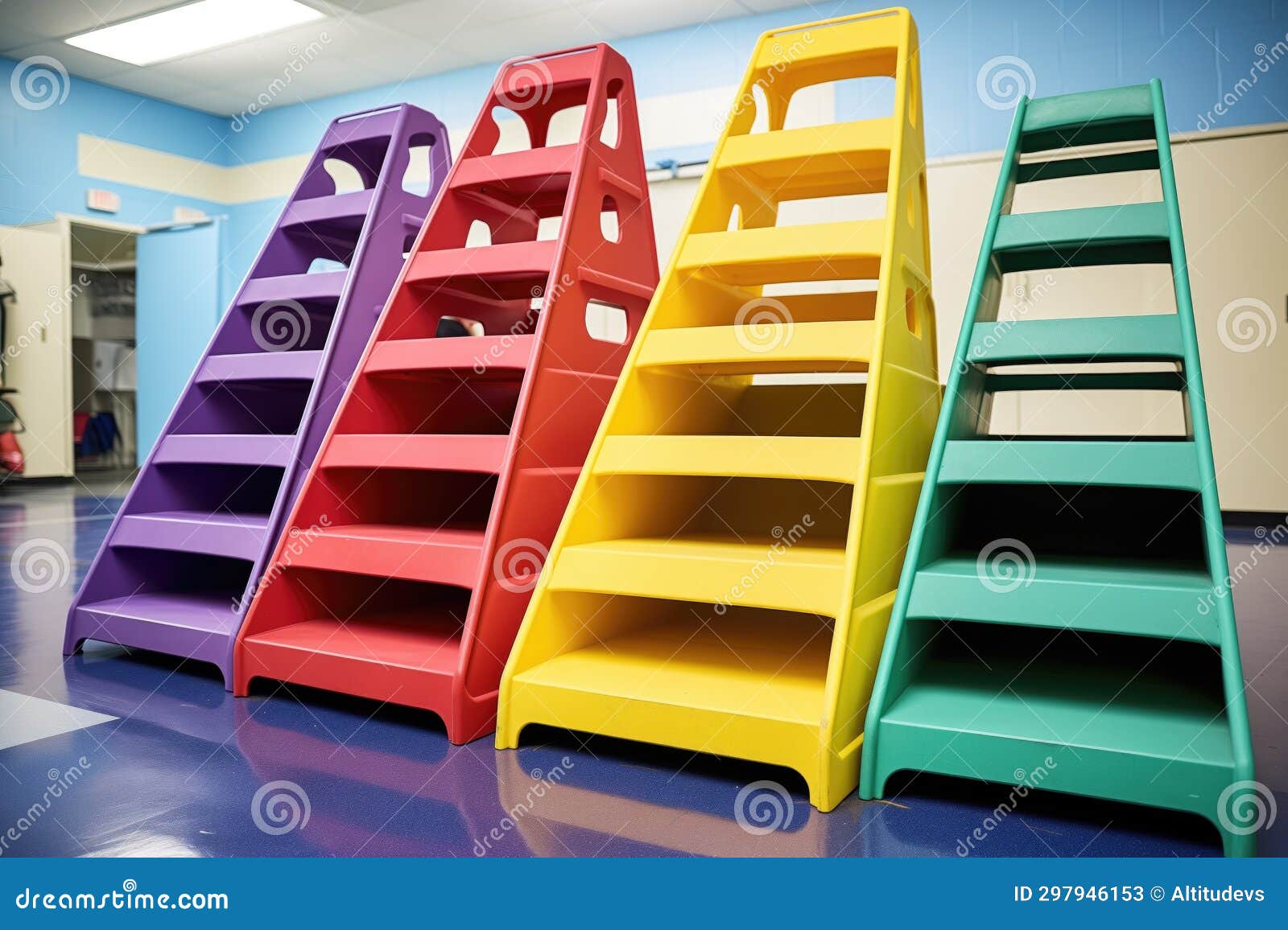 A Wide-angle Shot of a Step Aerobics Rack with Different Color Steps ...