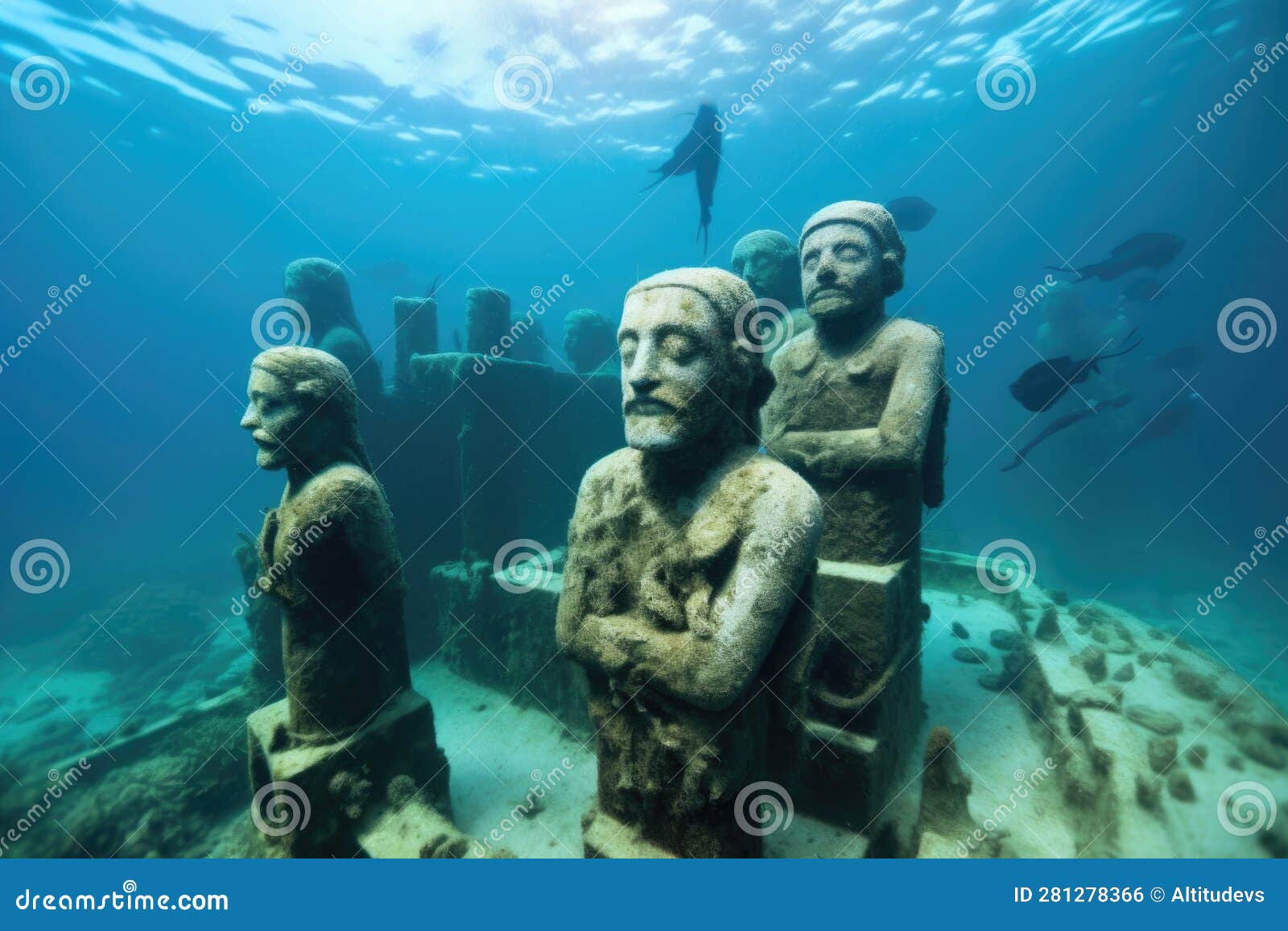 Wide Angle of Sunken Statues in a Coral Reef Stock Illustration ...