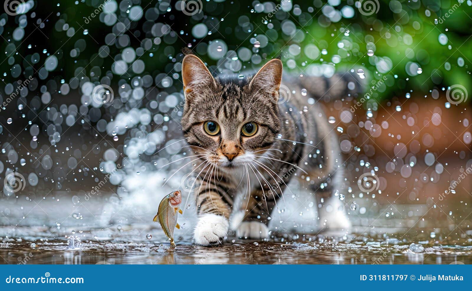 Wide-angle View of a Cat Racing with a Fish Clutched in Its Teeth ...