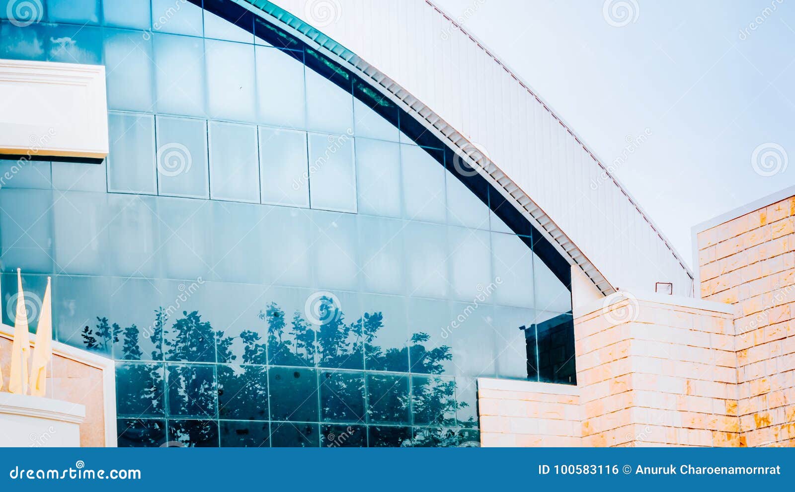 Wide Angle View from Cloud and Tree Reflection on Window Glass O Stock ...