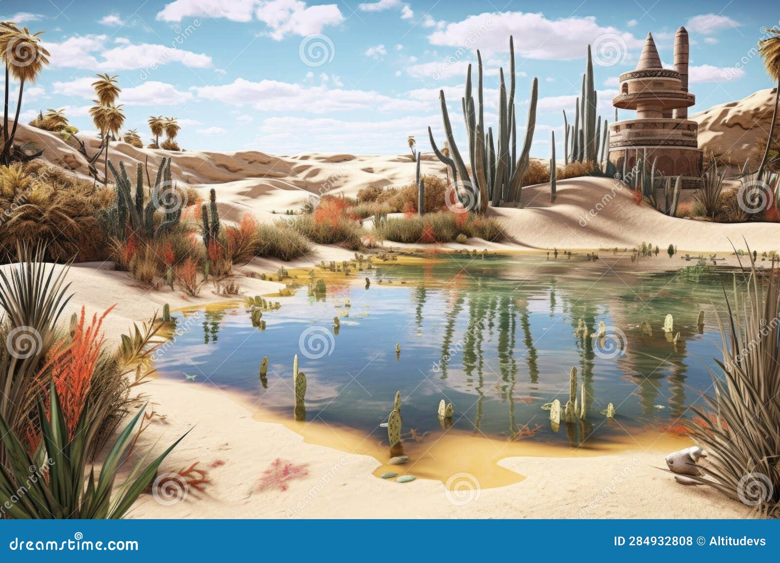 Wide-angle View of a Desert Oasis Surrounded by Sand Dunes Stock Photo ...