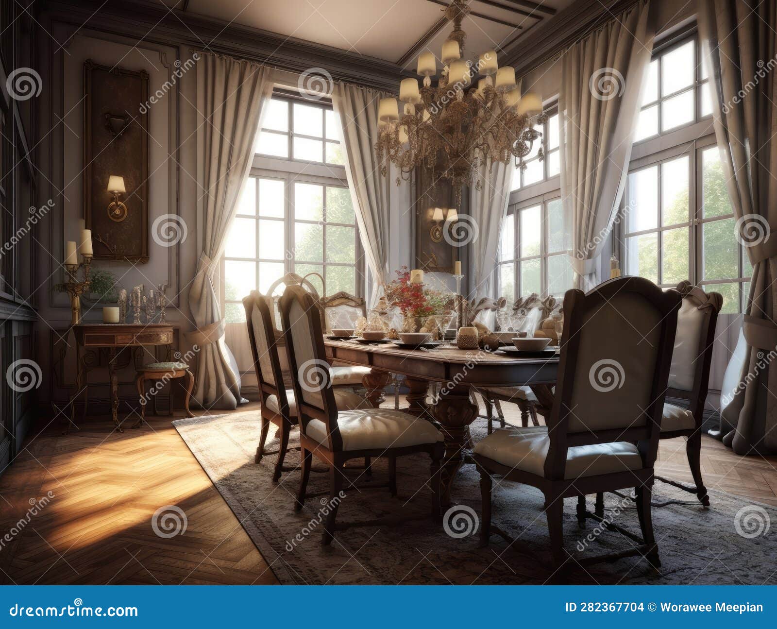 Wide Angle View of the Dining Room in British Style with Dining Sets ...