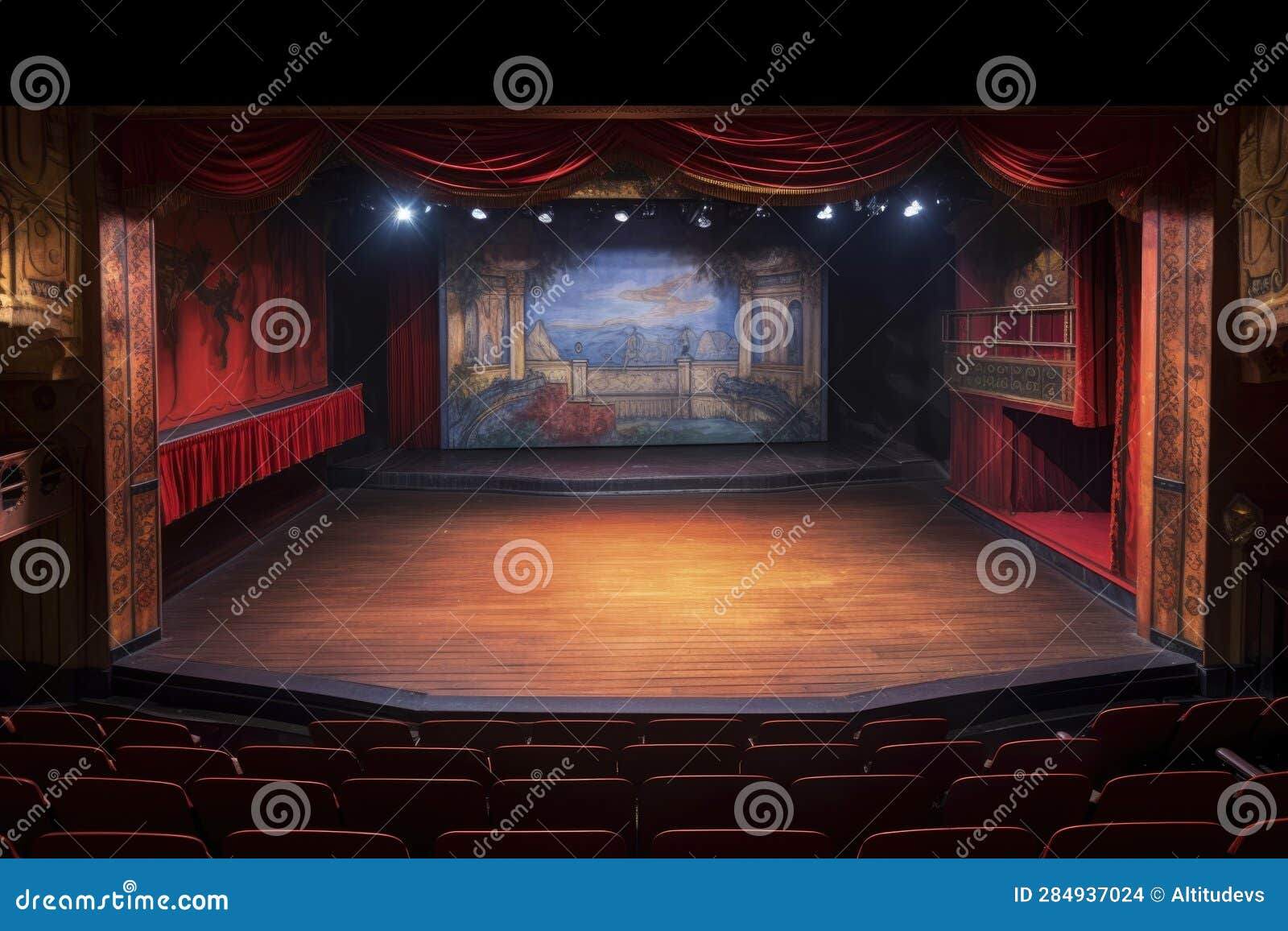 Wide-angle View of an Empty Theater Stage from the Balcony Stock ...