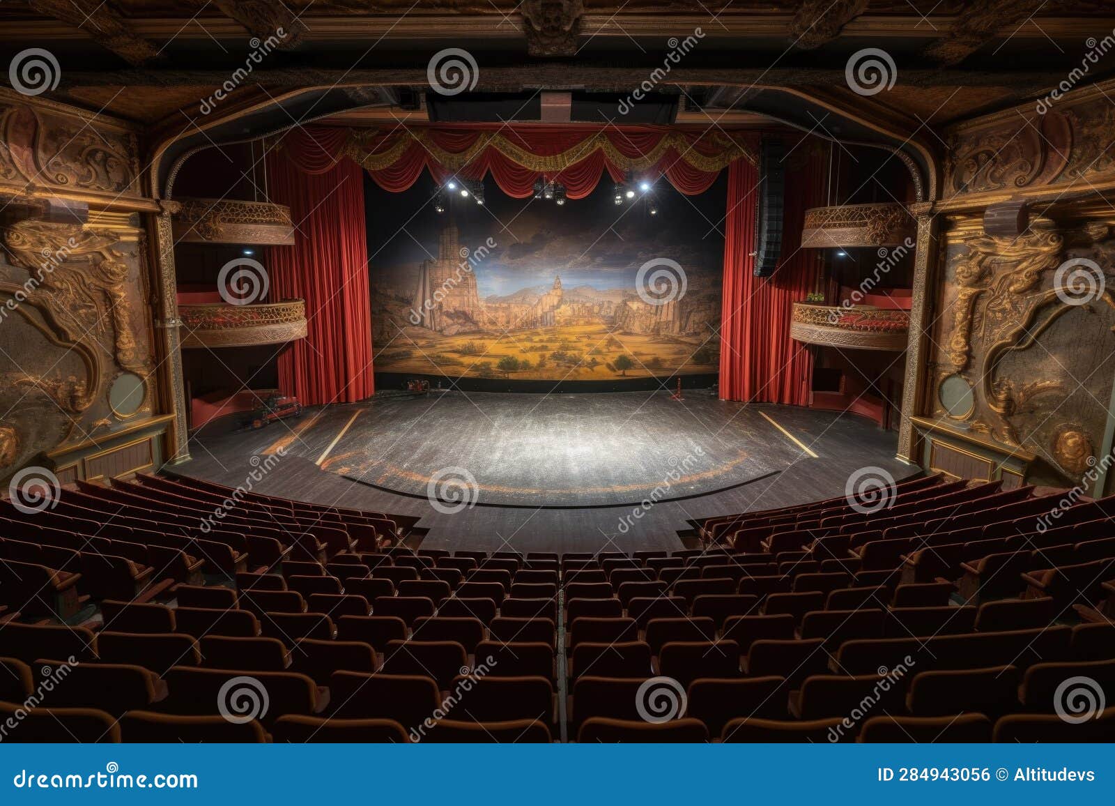 Wide-angle View of an Empty Theater Stage from the Balcony Stock ...