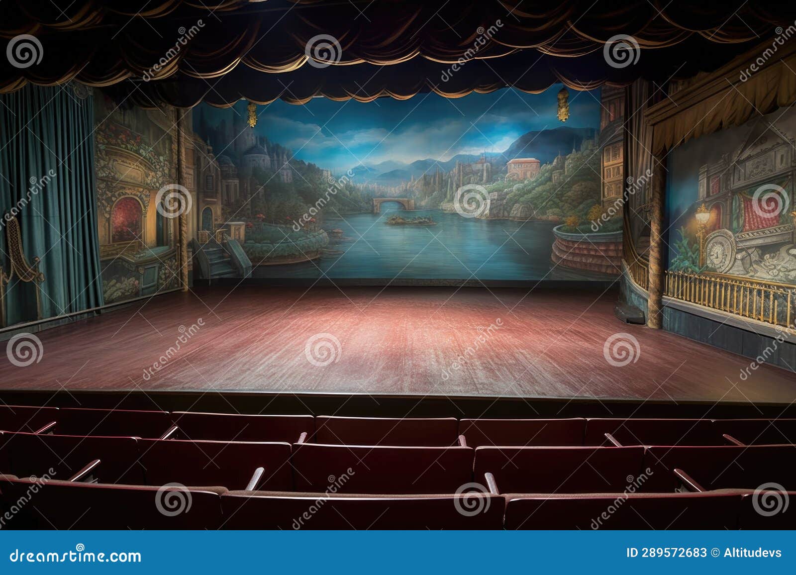 Wide-angle View of an Empty Theater Stage from the Balcony Stock Image ...