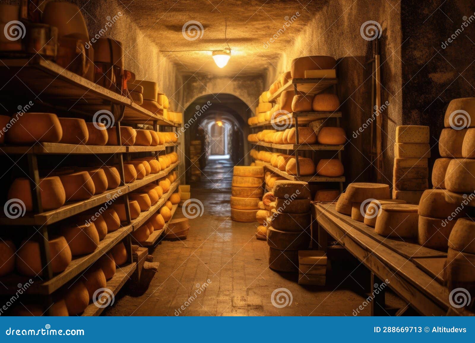 Wide-angle View of Expansive Cheese Cellar Stock Image - Image of gouda ...