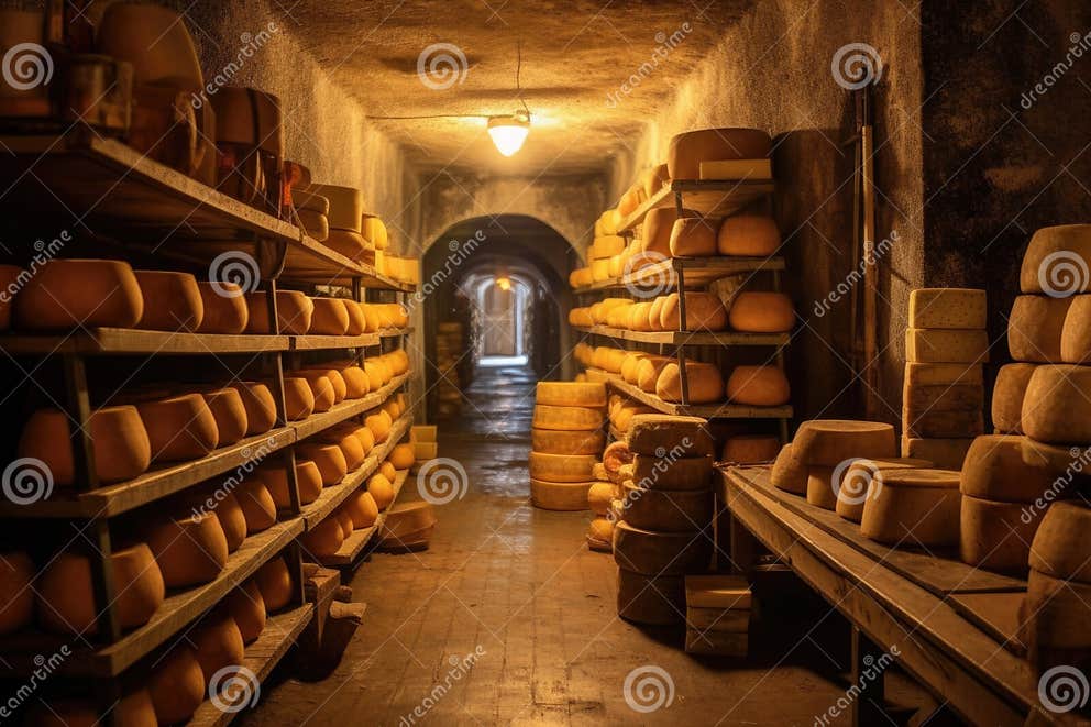 Wide-angle View of Expansive Cheese Cellar Stock Image - Image of gouda ...