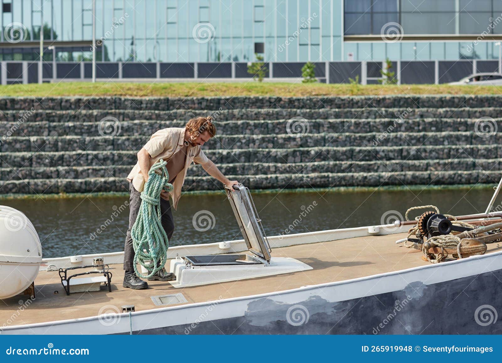 Wide Angle View Handsome Man Working on Boat in Docks Stock Photo ...