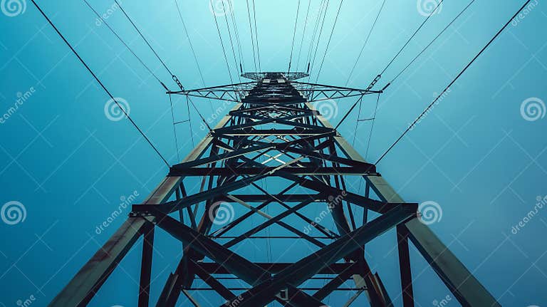 Wide Angle View of High Voltage Post or Tower. Electricty Powerline ...