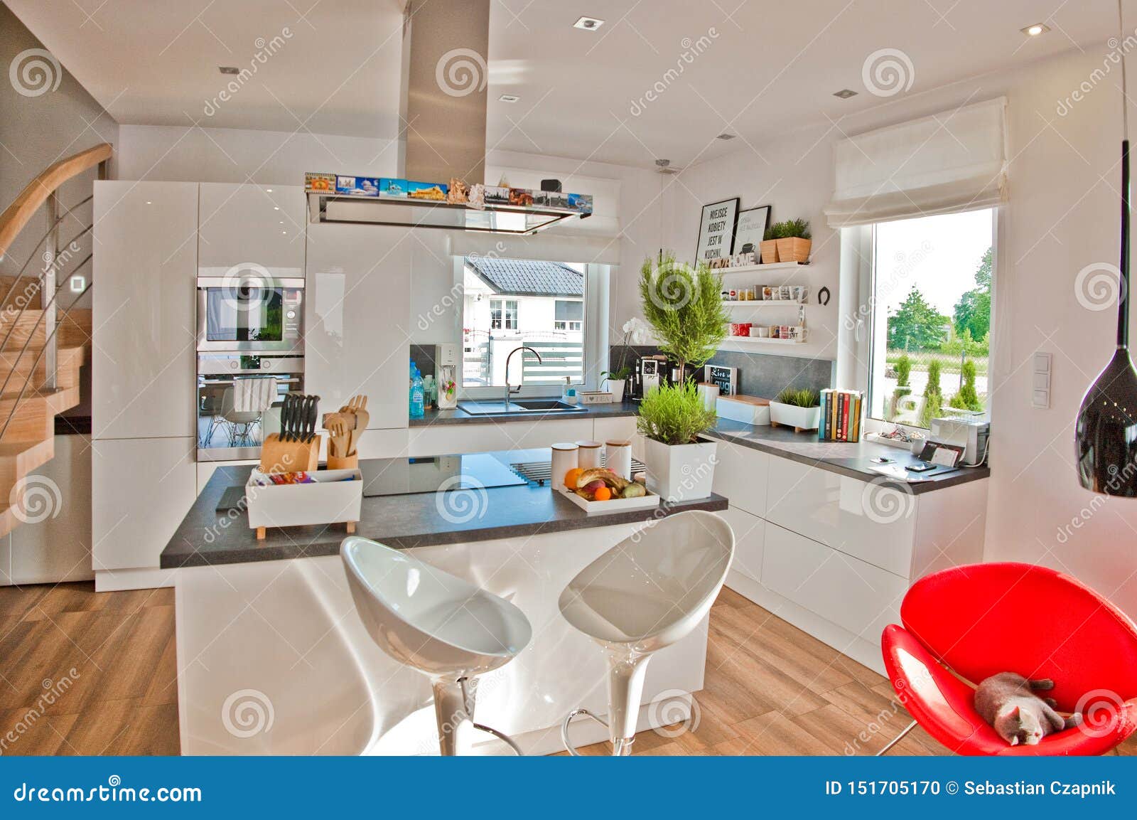 Wide Angle View of Modern Kitchen in Daylight Stock Photo - Image of ...