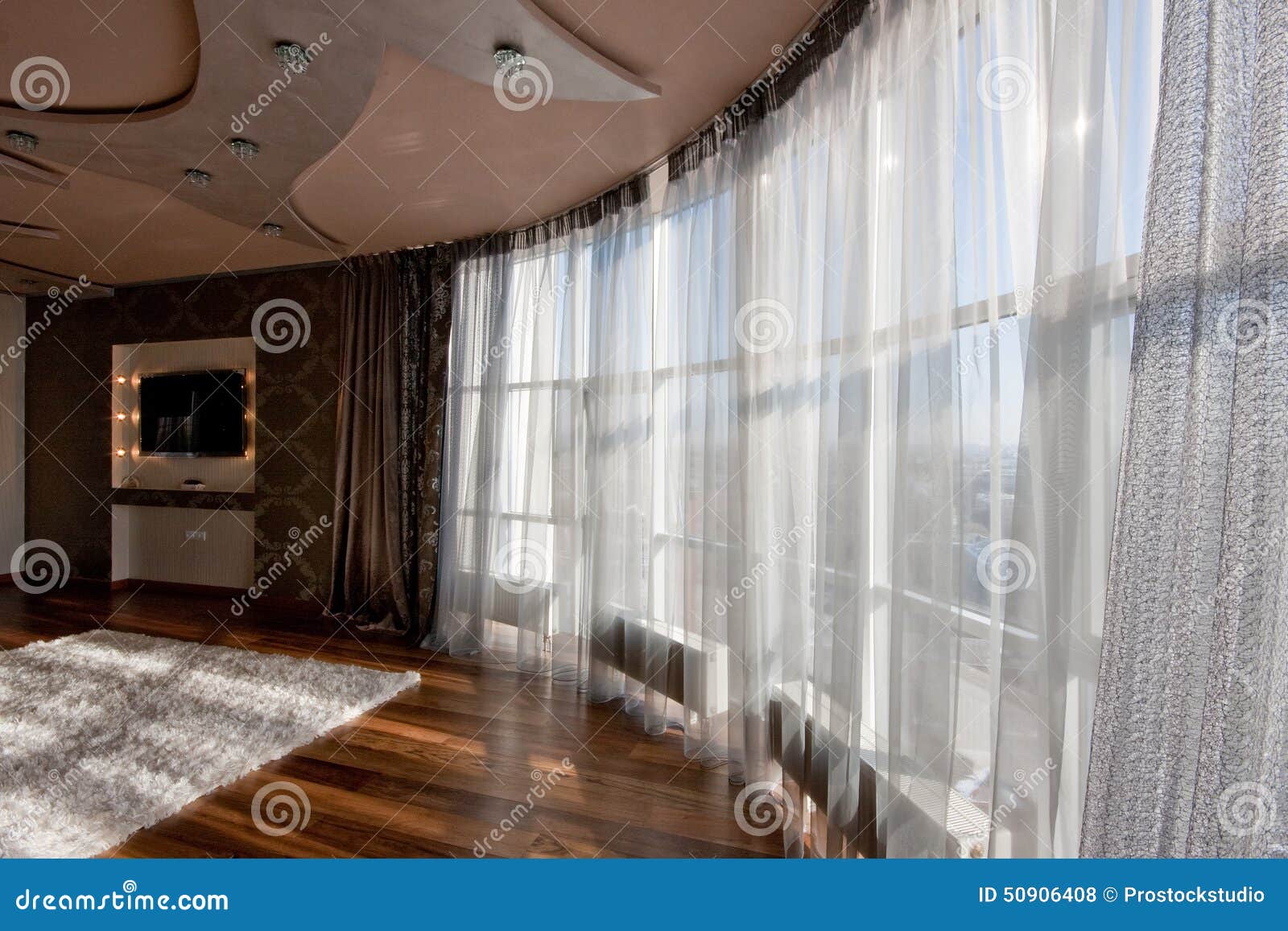 Wide-angle View of Panoramic Window with Net Curtain in Modern L Stock ...